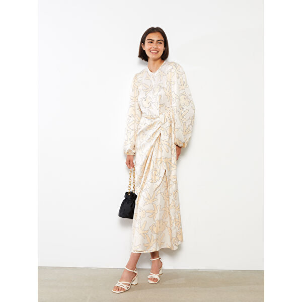 Bisiklet Yaka Desenli Uzun Kollu Saten Kadın Elbise Bisiklet Yaka Desenli Uzun Kollu Saten Kadın Elbise