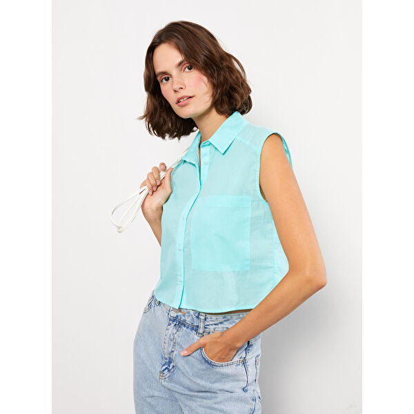 Önden Düğme Kapamalı Düz Kolsuz Poplin Kadın Gömlek