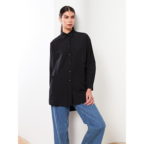 Gömlek Yaka Düz Uzun Kollu Oversize Poplin Kadın Tunik
