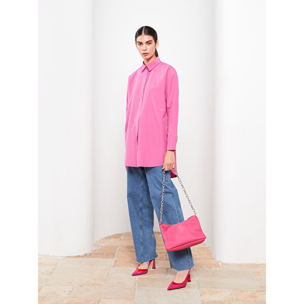 Gömlek Yaka Düz Uzun Kollu Oversize Poplin Kadın Tunik
