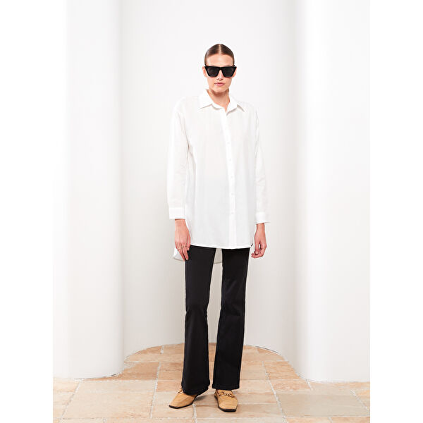 Gömlek Yaka Düz Uzun Kollu Oversize Poplin Kadın Tunik