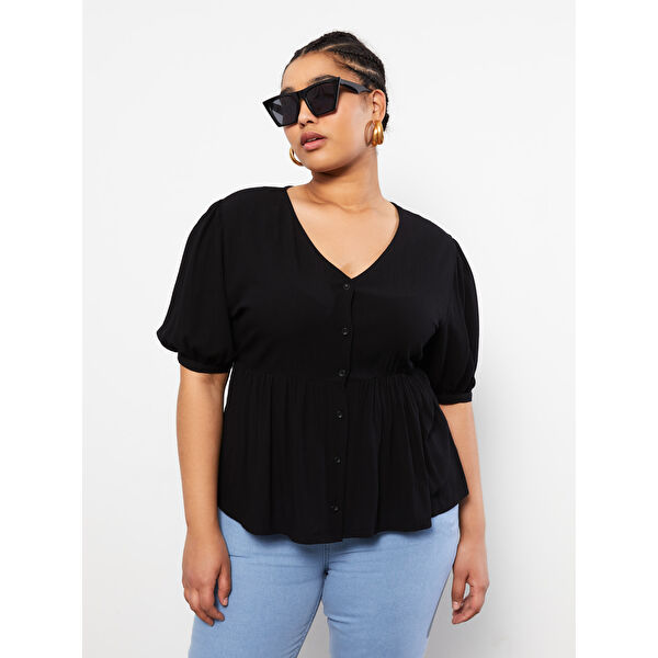 Büyük Beden V Yaka Düz Kısa Kollu Krinkle Kadın Bluz Büyük Beden V Yaka Düz Kısa Kollu Krinkle Kadın Bluz