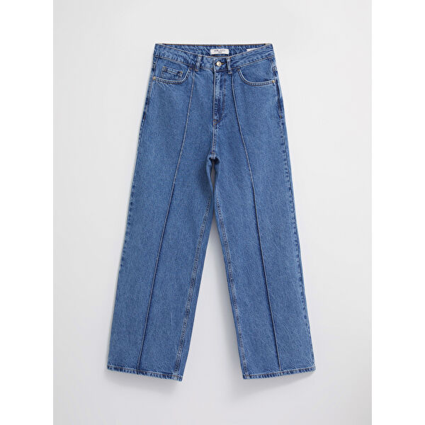 Yüksek Bel Standart Fit Düz Cep Detaylı Geniş Paça Kadın Rodeo Jean Pantolon