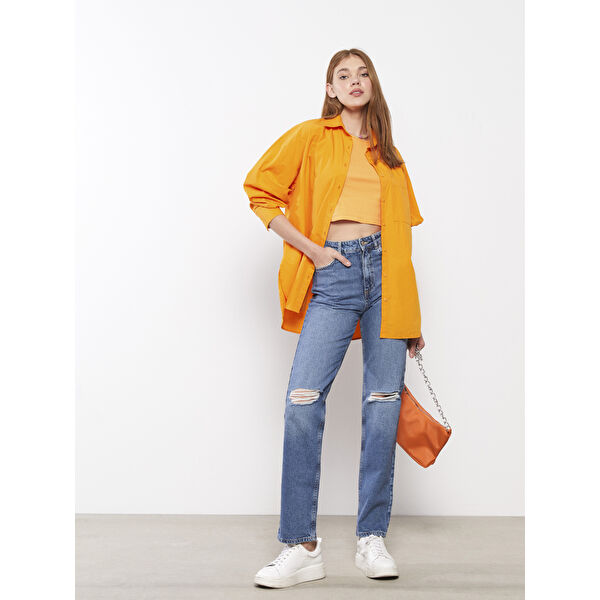 Yüksek Bel Standart Fit Düz Yırtık Detaylı Kadın Rodeo Jean Pantolon