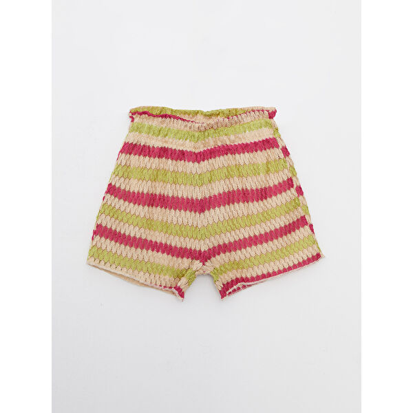 Beli Lastikli Kendinden Desenli Kız Bebek Şort