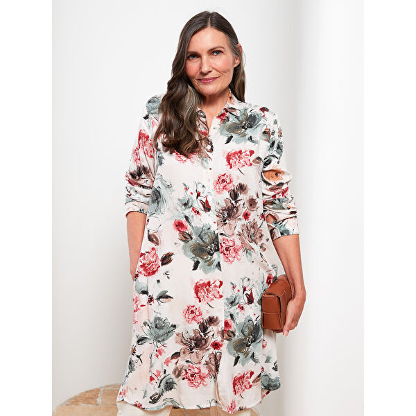 LCW GRACE Gömlek Yaka Çiçekli Uzun Kollu Poplin Kadın Tunik