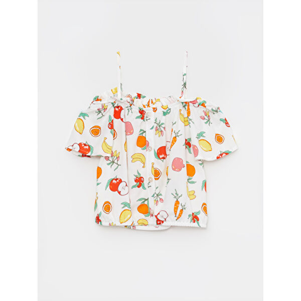 Kayık Yaka Desenli Kısa Kollu Viskon Kız Çocuk Bluz