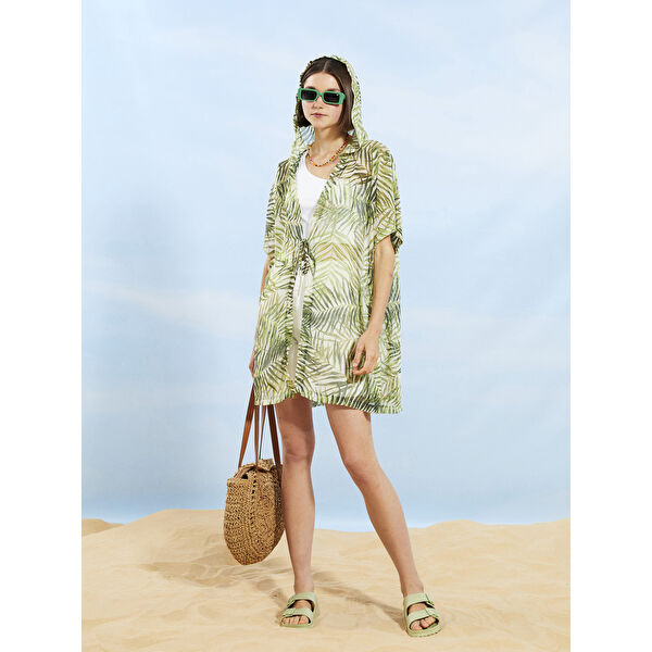 LCW DREAM Şal Yaka Desenli Kısa Kollu Şifon Kadın Plaj Giyim Üst