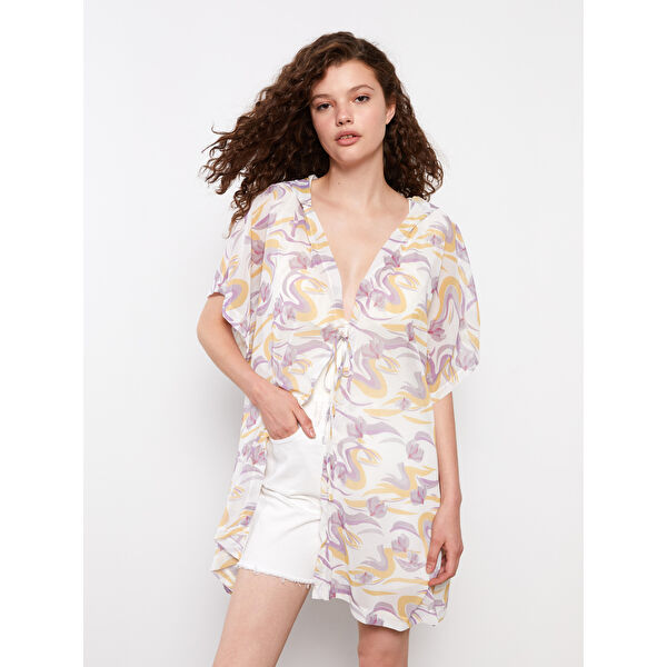 Şal Yaka Desenli Kısa Kollu Şifon Kadın Plaj Giyim Üst