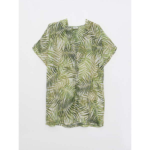 LCW DREAM Şal Yaka Desenli Kısa Kollu Şifon Kadın Plaj Giyim Üst