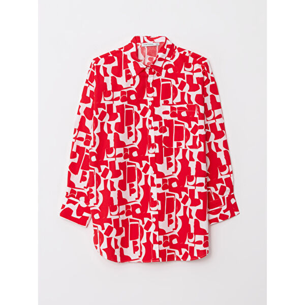 LCW CASUAL Gömlek Yaka Desenli Uzun Kollu Poplin Kadın Tunik