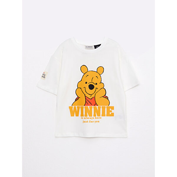 Bisiklet Yaka Winnie the Pooh Baskılı Kısa Kollu Pamuklu Kız Çocuk Tişört