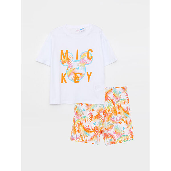 Bisiklet Yaka Mickey Mouse Baskılı Kısa Kollu Kız Çocuk Şortlu Pijama Takımı