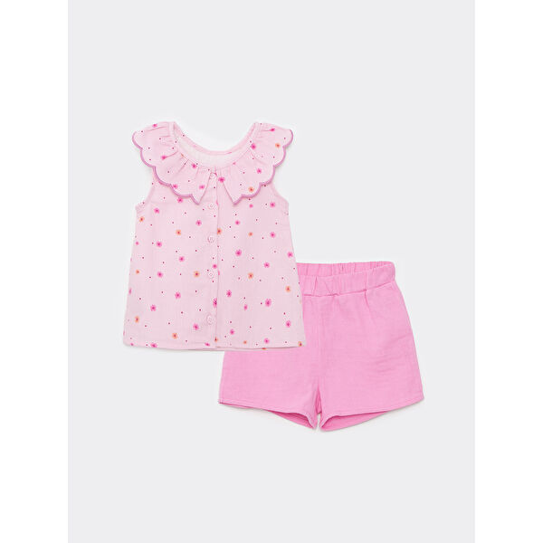 Bebe Yaka Desenli Pamuklu Kız Bebek Gömlek ve Şort 2'li Takım