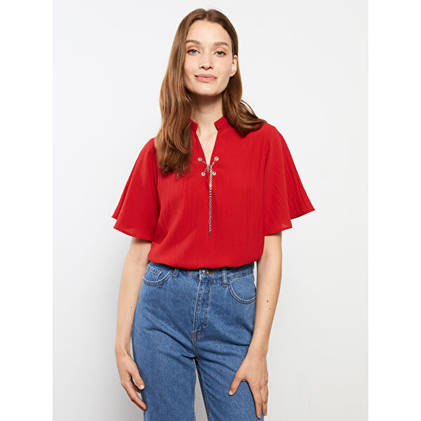 LCW CLASSIC Kaçık Yaka Düz Kısa Kollu Kadın Bluz
