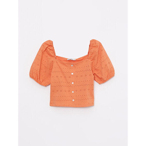 LCW CASUAL Kare Yaka Nakışlı Kısa Kollu Kadın Bluz