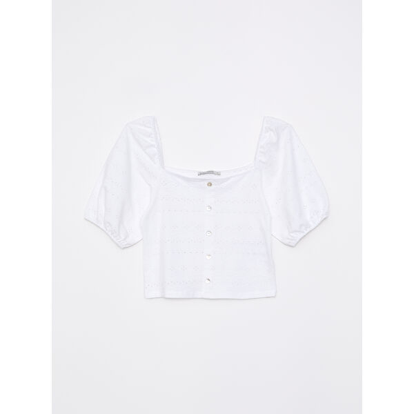 LCW CASUAL Kare Yaka Nakışlı Kısa Kollu Kadın Bluz