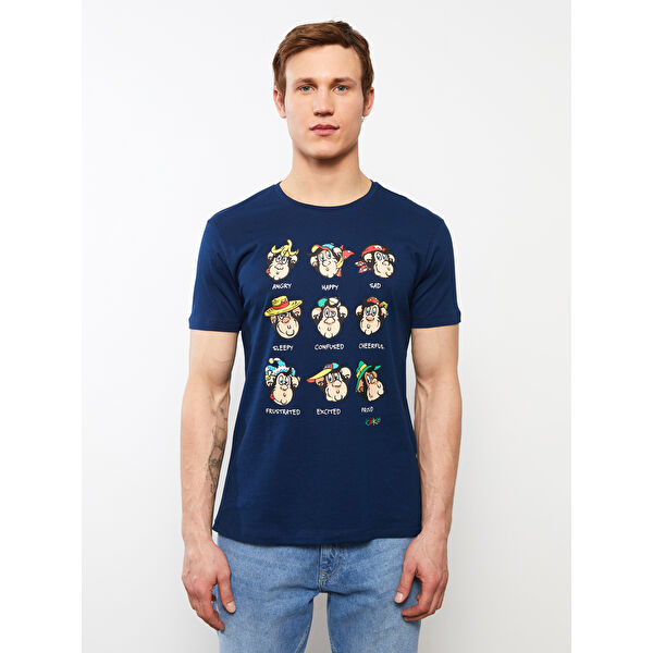 Bisiklet Yaka Kısa Kollu Nostaljik Maymun Baskılı Penye Erkek Tişört