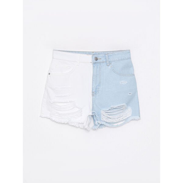 Yüksek Bel Mom Fit Renk Bloklu Cep Detaylı Kadın Rodeo Jean Şort