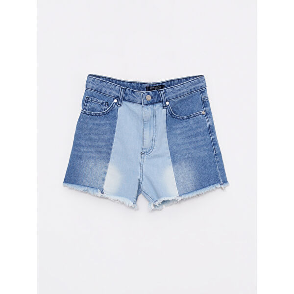 Yüksek Bel Mom Fit Renk Bloklu Cep Detaylı Kadın Jean Şort