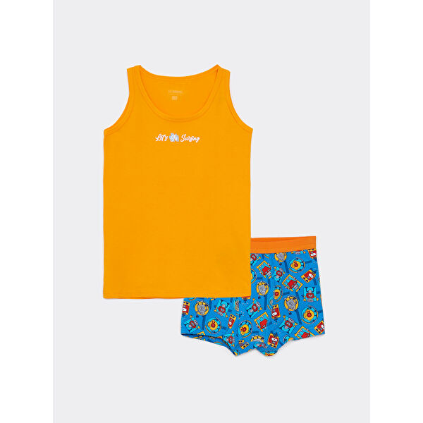 Bisiklet Yaka Baskılı Pamuklu Erkek Çocuk Atlet ve Boxer