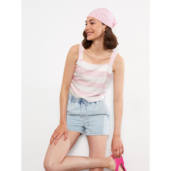 Kare Yaka Çizgili Askılı Poplin Kadın Bluz