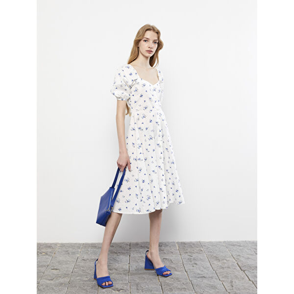 LCW LIMITED Kalp Yaka Çiçekli Kısa Kollu Poplin Kadın Elbise