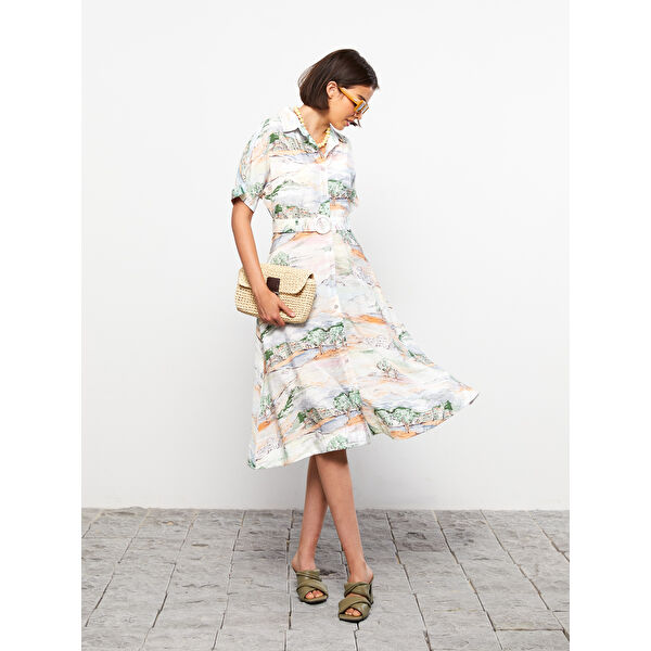 LCW LIMITED Gömlek Yaka Baskılı Kısa Kollu Kadın Elbise