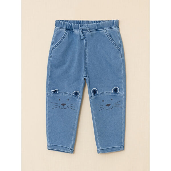 Beli Lastikli Baskılı Erkek Bebek Jean Pantolon