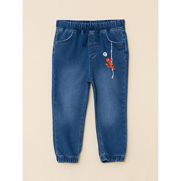 Beli Lastikli Baskılı Erkek Bebek Jean Pantolon