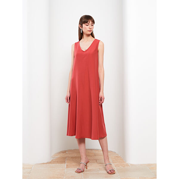 V Yaka Düz Kolsuz A Kesim Kadın Elbise