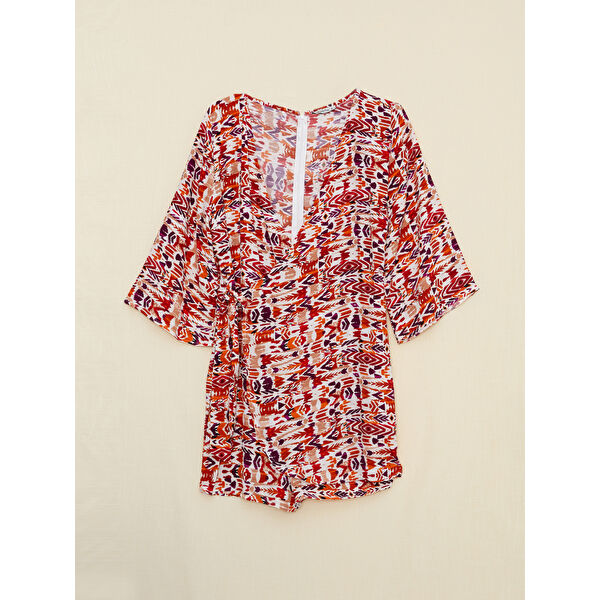 LCW LIMITED Kruvaze Yaka Desenli Kısa Kollu Viskon Kadın Tulum LCW LIMITED Kruvaze Yaka Desenli Kısa Kollu Viskon Kadın Tulum