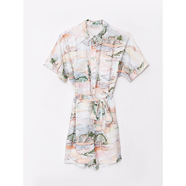 Gömlek Yaka Desenli Kısa Kollu Kadın Tulum