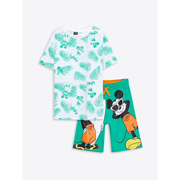 Bisiklet Yaka Mickey Mouse Baskılı Kısa Kollu Erkek Çocuk Tişört ve Bermuda