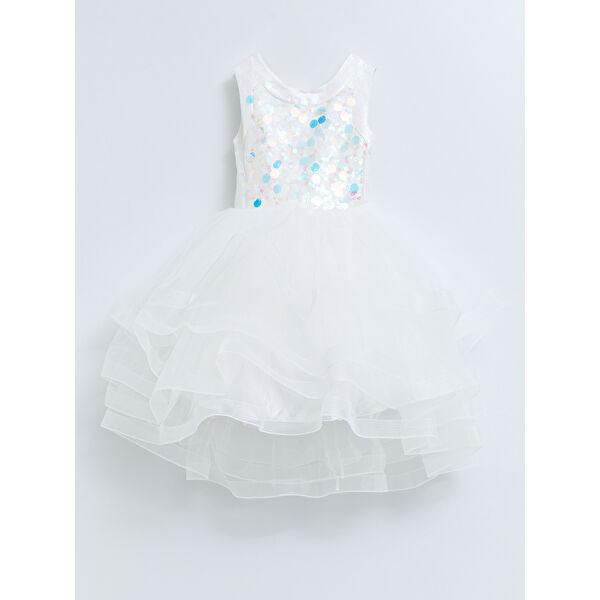 Daisy Girl Bisiklet Yaka Pul İşlemeli Kız Çocuk Elbise