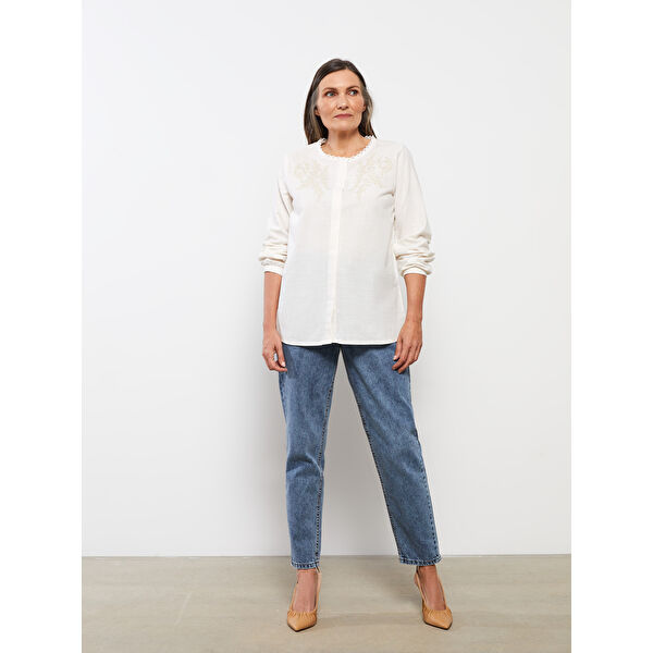 LCW GRACE Bisiklet Yaka Nakışlı Uzun Kollu Kadın Gömlek