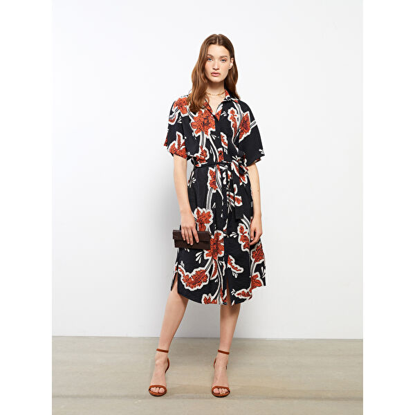 LCW GREEN Gömlek Yaka Desenli Kısa Kollu Kadın Elbise