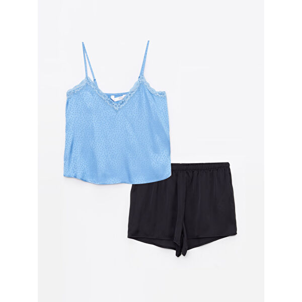 V Yaka Nakışlı Askılı Saten Kadın Pijama Takımı