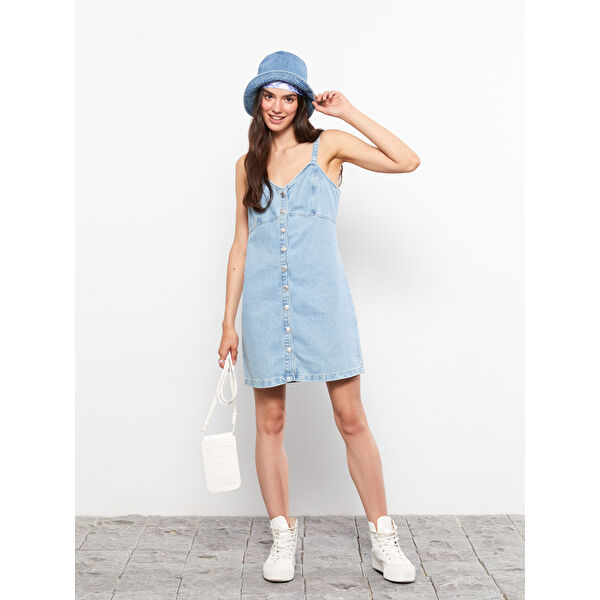 Kalp Yaka Düz Askılı Kadın Jean Elbise