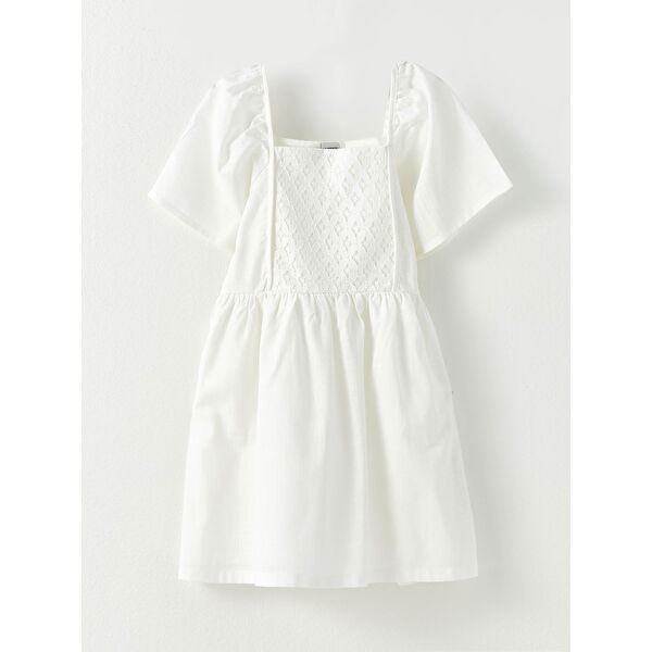 Kare Yaka Dantel Detaylı Kısa Kollu Poplin Kız Çocuk Elbise Kare Yaka Dantel Detaylı Kısa Kollu Poplin Kız Çocuk Elbise