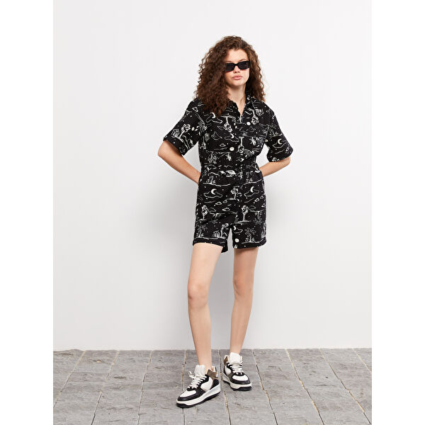 Gömlek Yaka Desenli Kısa Kollu Kadın Tulum