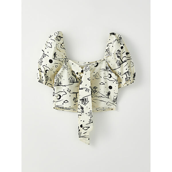 Kare Yaka Desenli Kısa Kollu Pamuklu Kadın Bluz