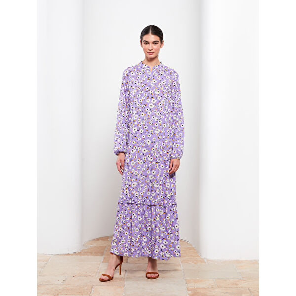 Hakim Yaka Çiçekli Uzun Kollu Viskon Kadın Elbise