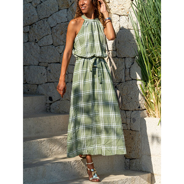Güneşkızı Halter Yaka Ekose Bağlama Detaylı Kolsuz Kadın Elbise