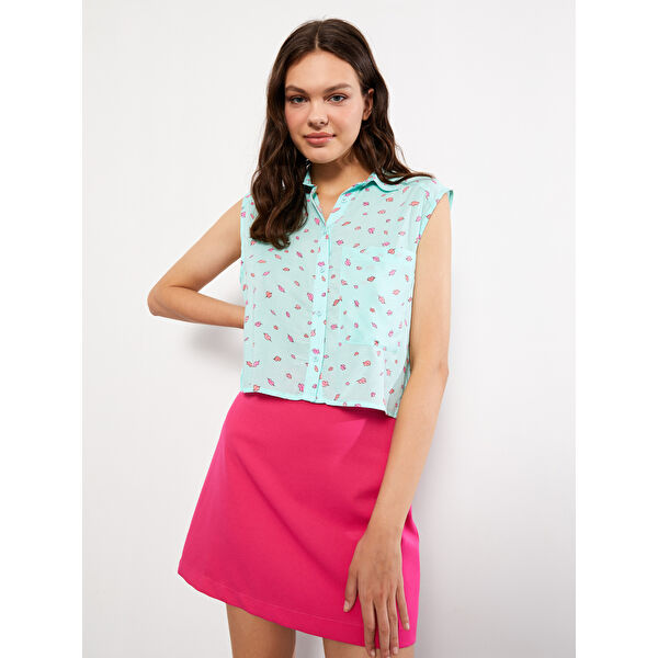 Önden Düğme Kapamalı Desenli Kolsuz Poplin Kadın Gömlek