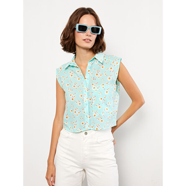 Önden Düğme Kapamalı Desenli Kolsuz Poplin Kadın Gömlek