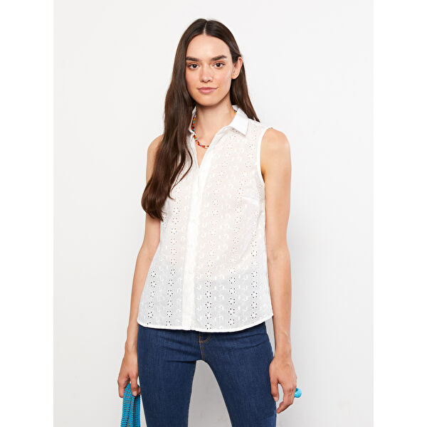 Önden Düğme Kapamalı Nakışlı Kolsuz Poplin Kadın Gömlek