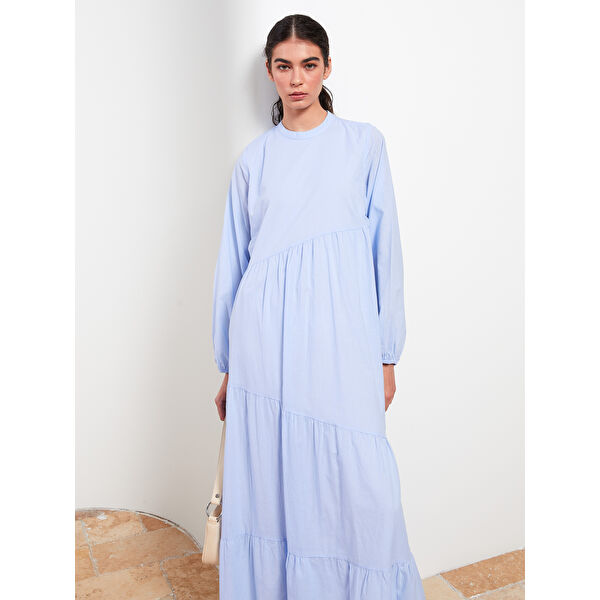 Dik Yaka Düz Uzun Kollu Poplin Kadın Elbise