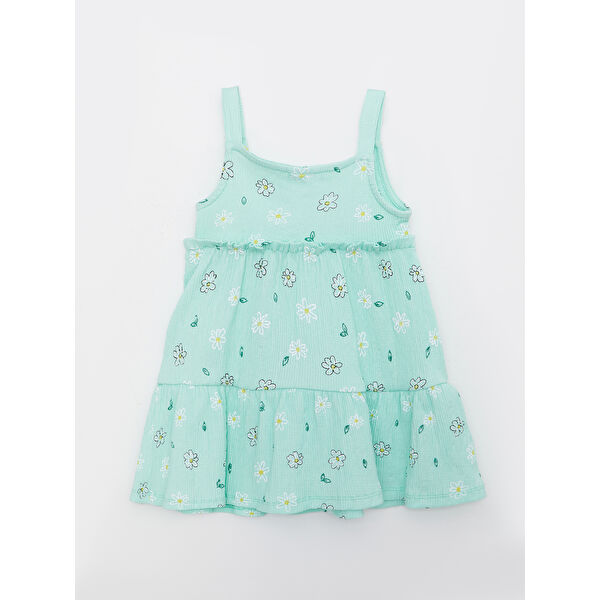 Kare Yaka Askılı Baskılı Kız Bebek Elbise