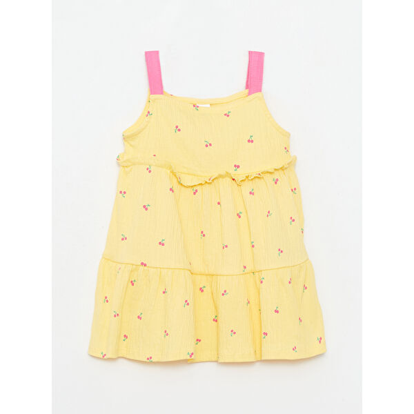 Kare Yaka Askılı Baskılı Kız Bebek Elbise